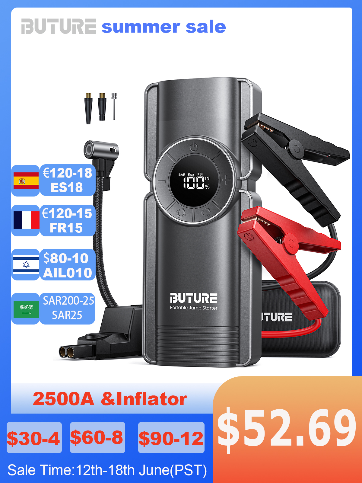 רק 61$/225 ש״ח עם הקופון 06BFAE ללהיט החובה ברכב – בוסטר Buture משולב ...